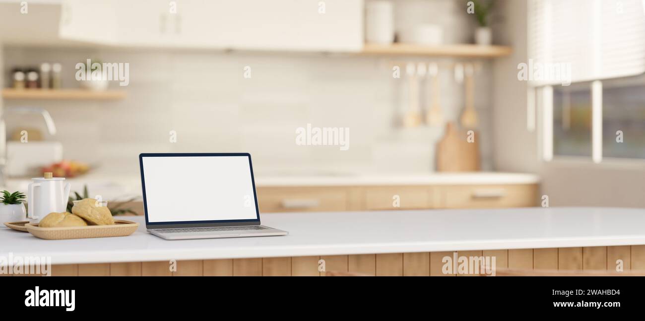 Home workspace, a white-screen laptop computer mockup on a white ...