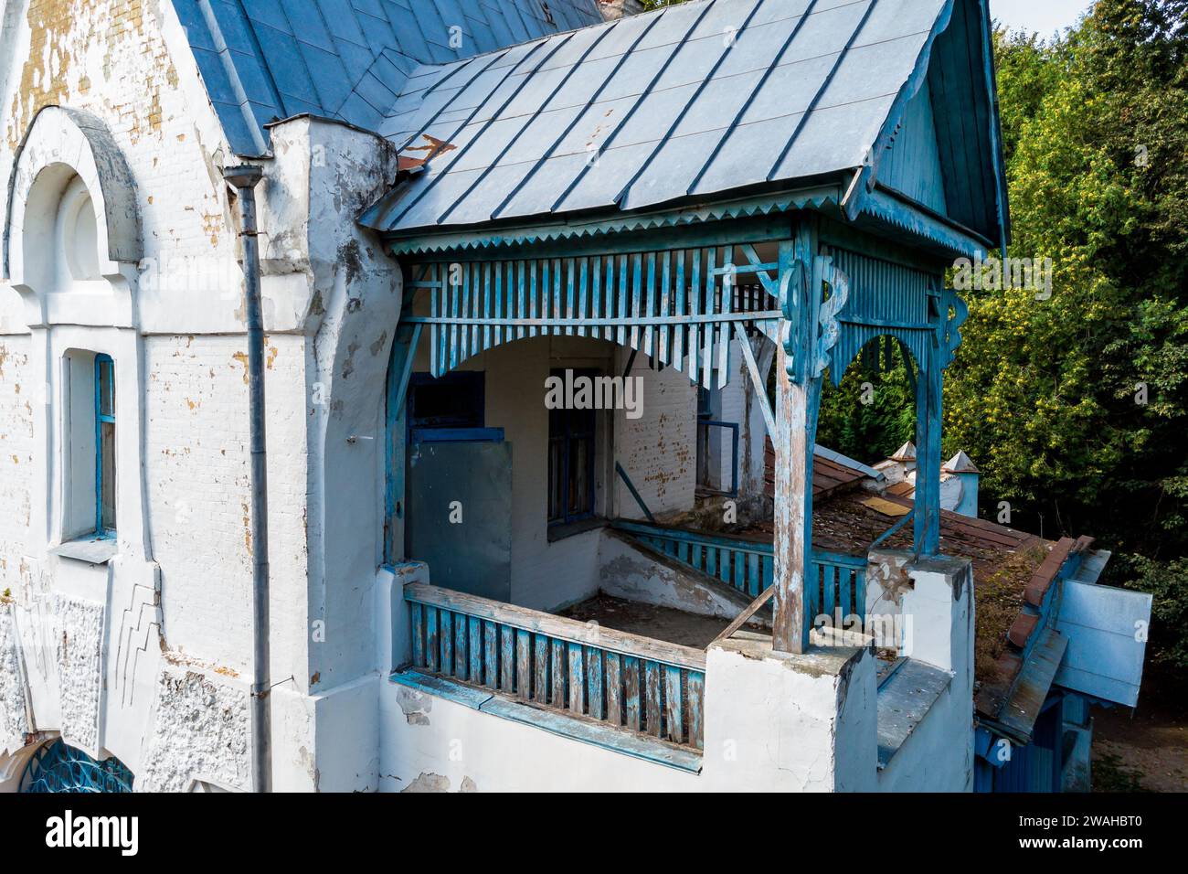Aerial view of the second floor balcony of an old manor house from the ...
