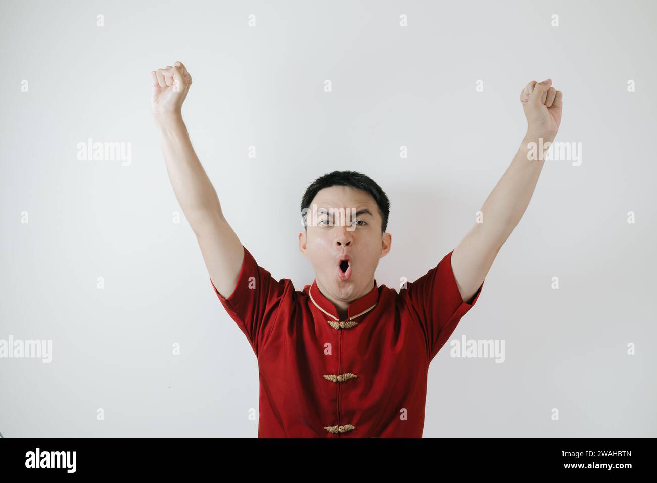 Happy face of Asian man wearing Chinese traditional cloth or Cheongsam ...