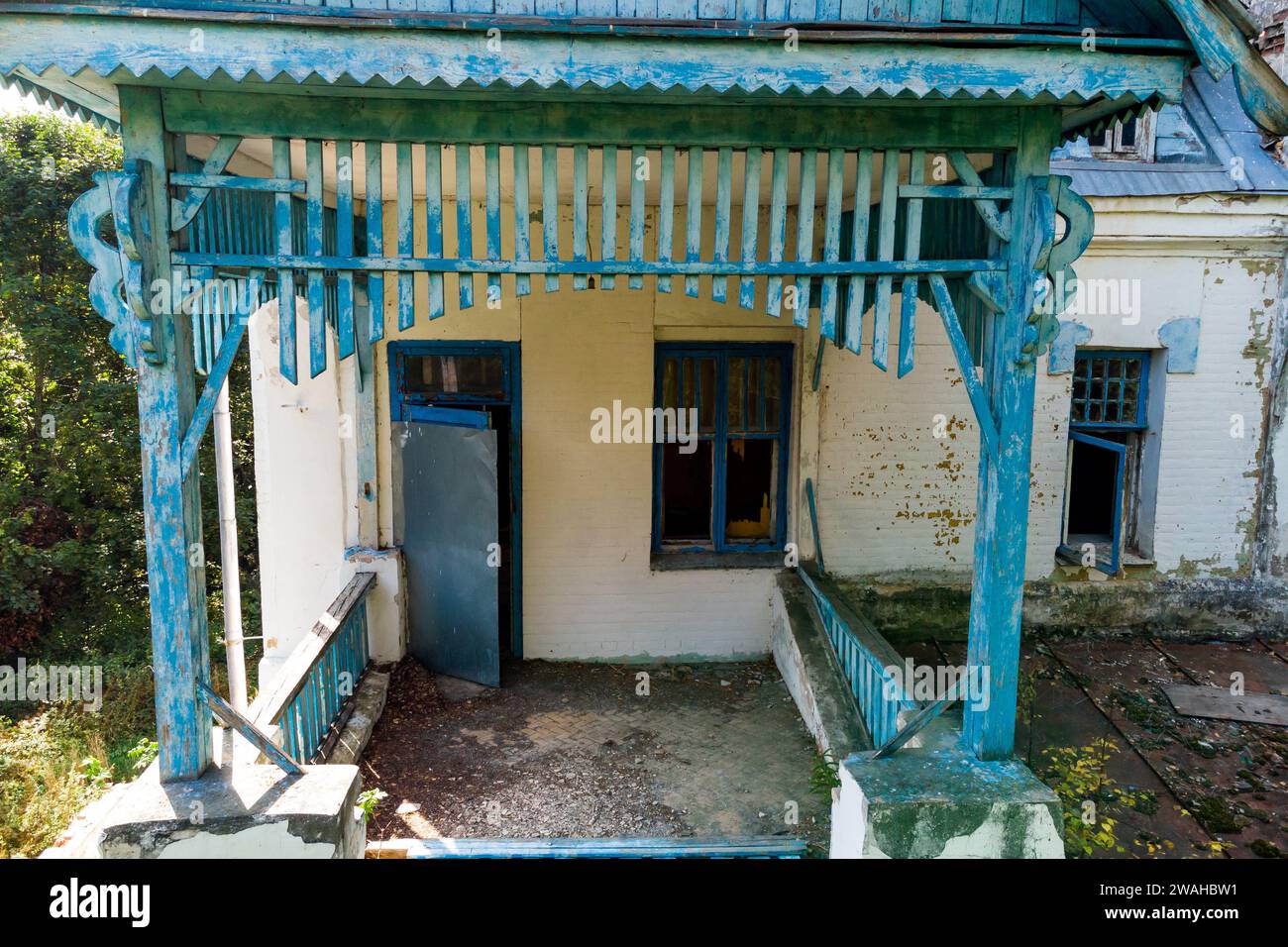 Aerial view of the second floor balcony of an old manor house from the ...