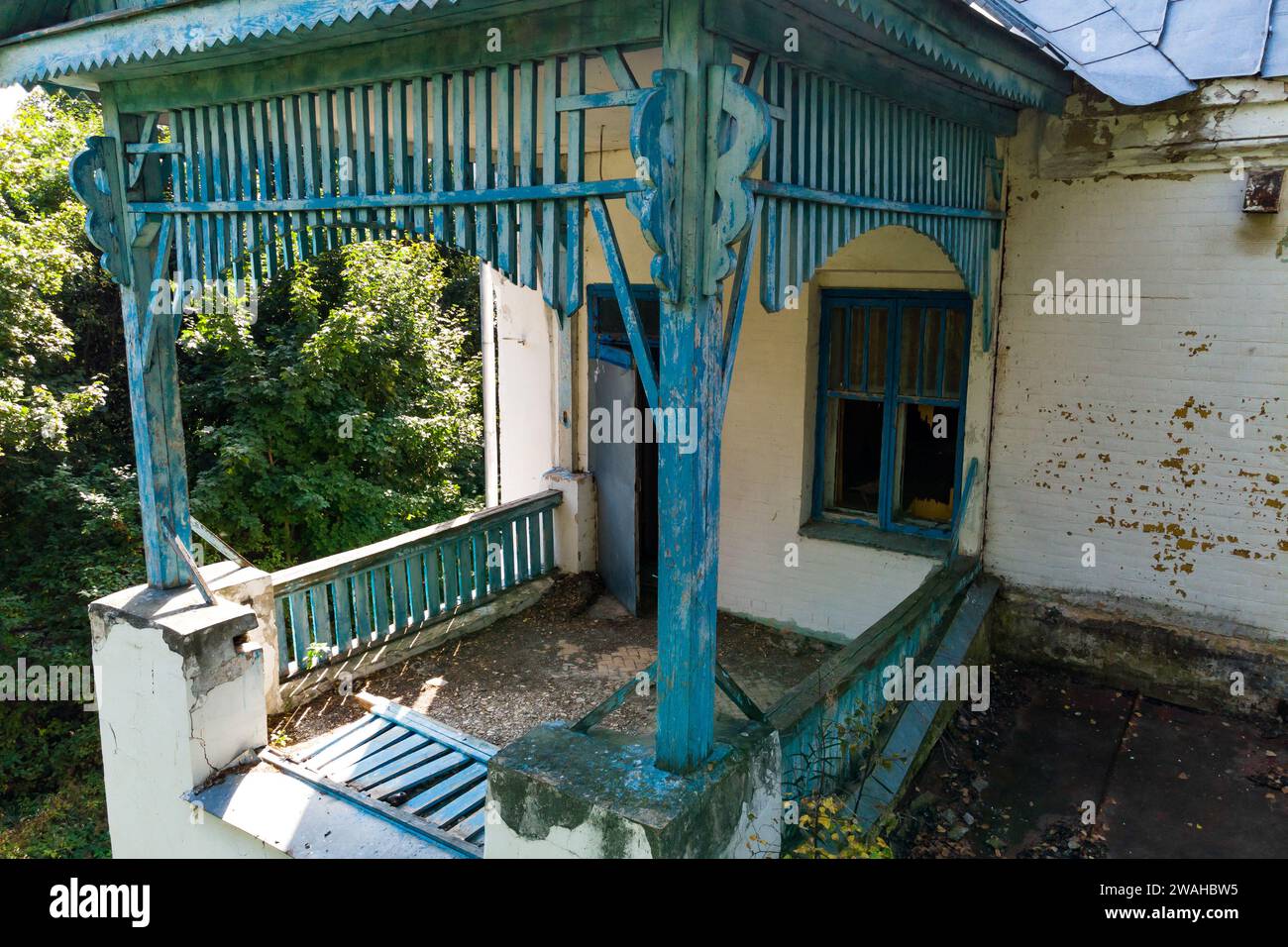 Aerial view of the second floor balcony of an old manor house from the ...