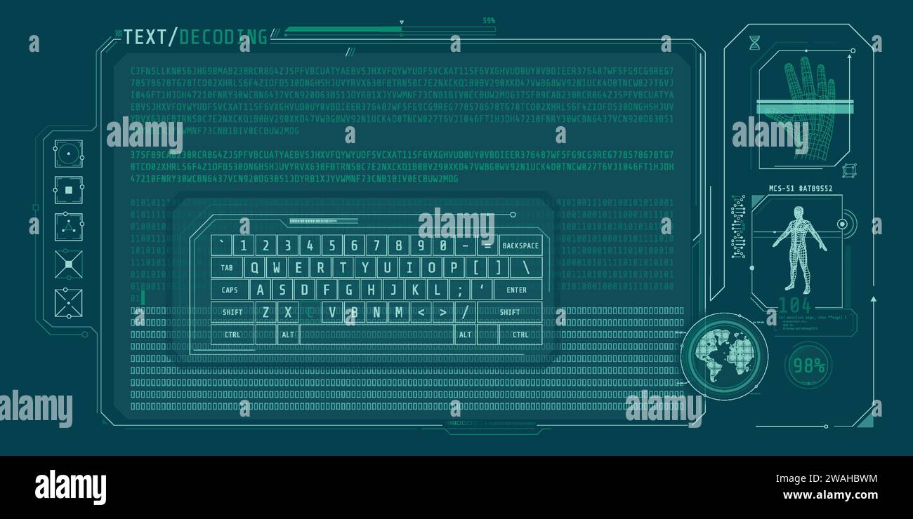 Data entry and text decoding on futuristic interface screen Stock ...