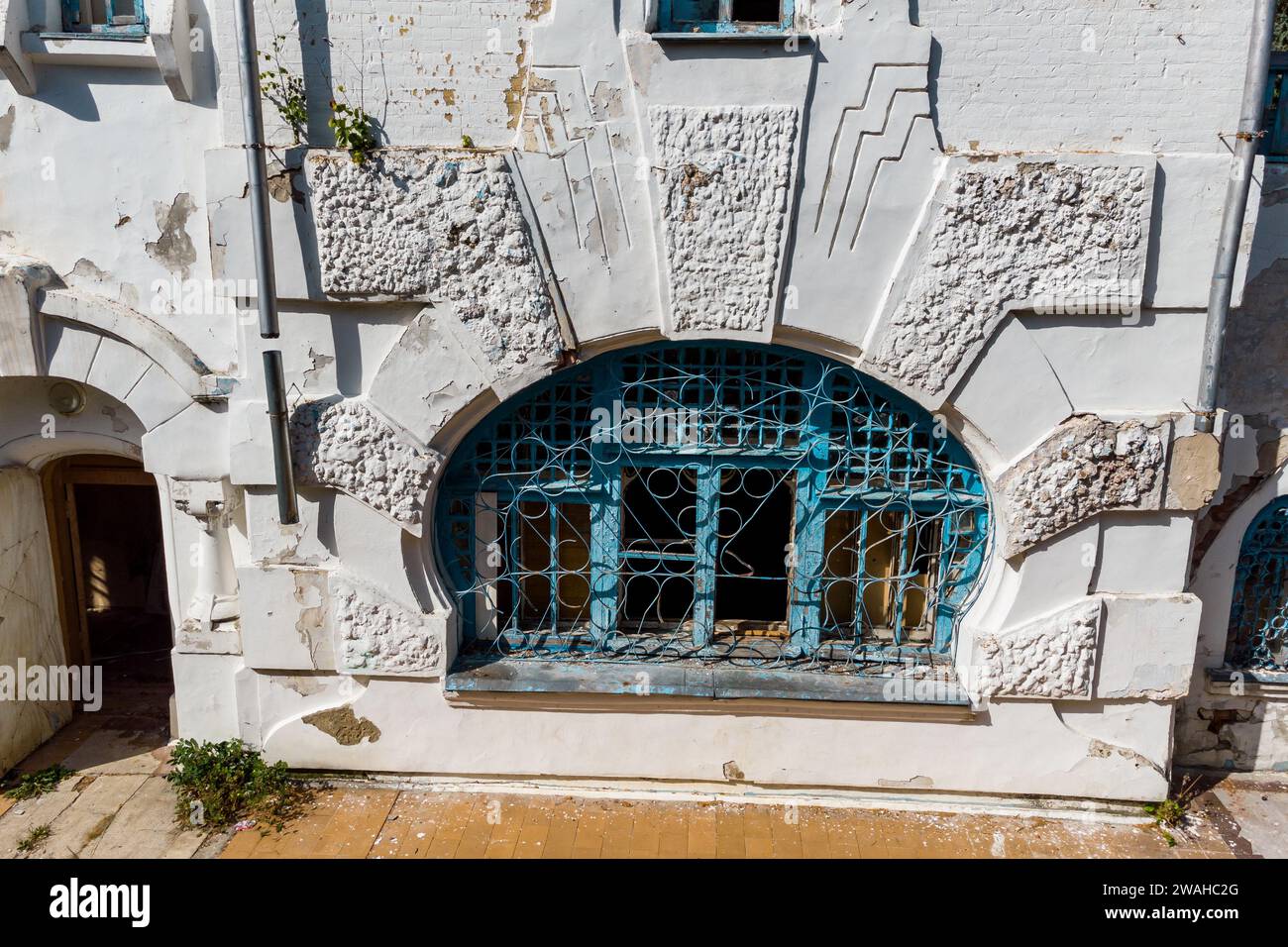 Windows of an old mansion built in Art Nouveau style at the beginning ...
