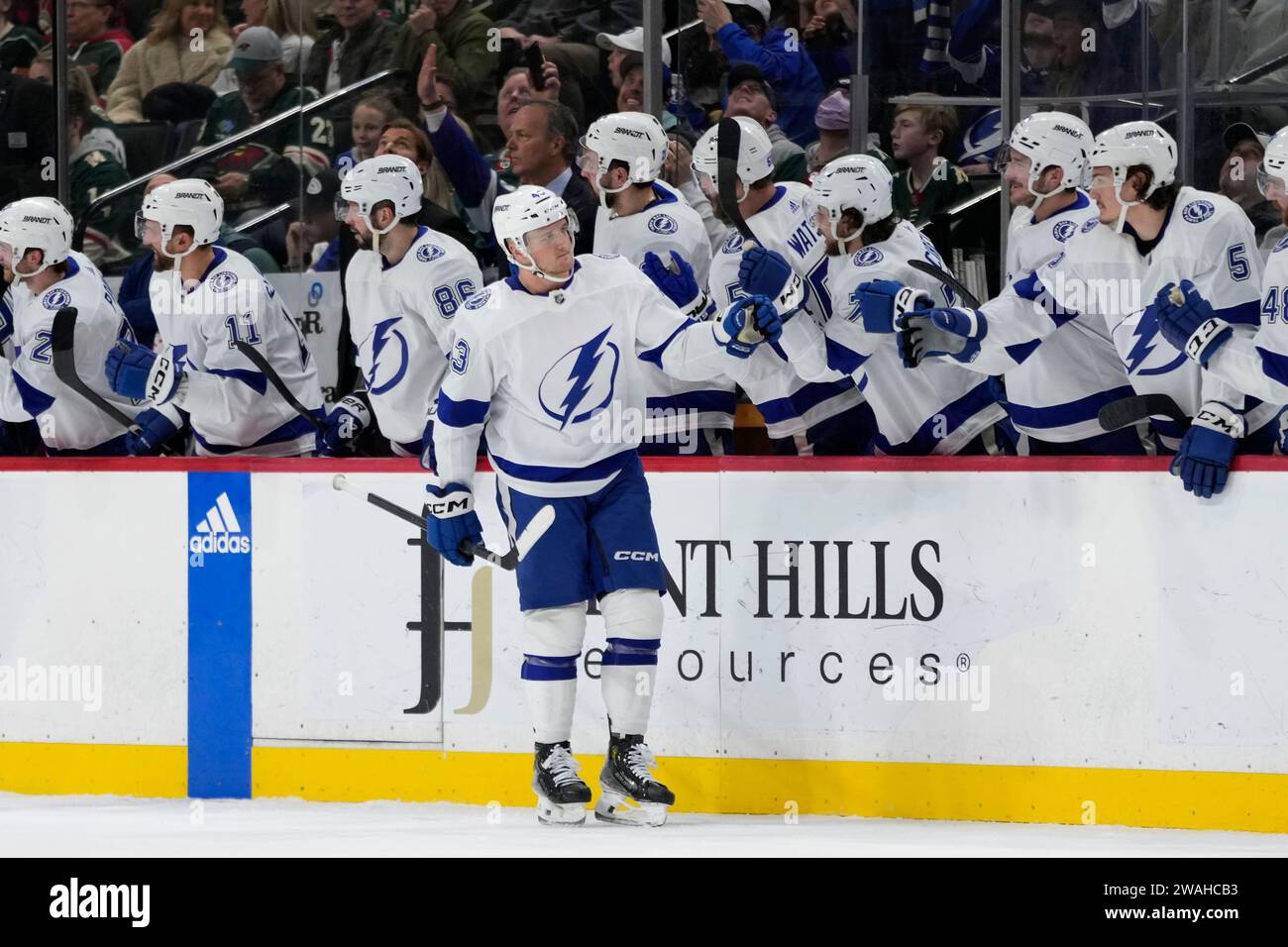 Tampa Bay Lightning defenseman Darren Raddysh (43) is congratulated for ...