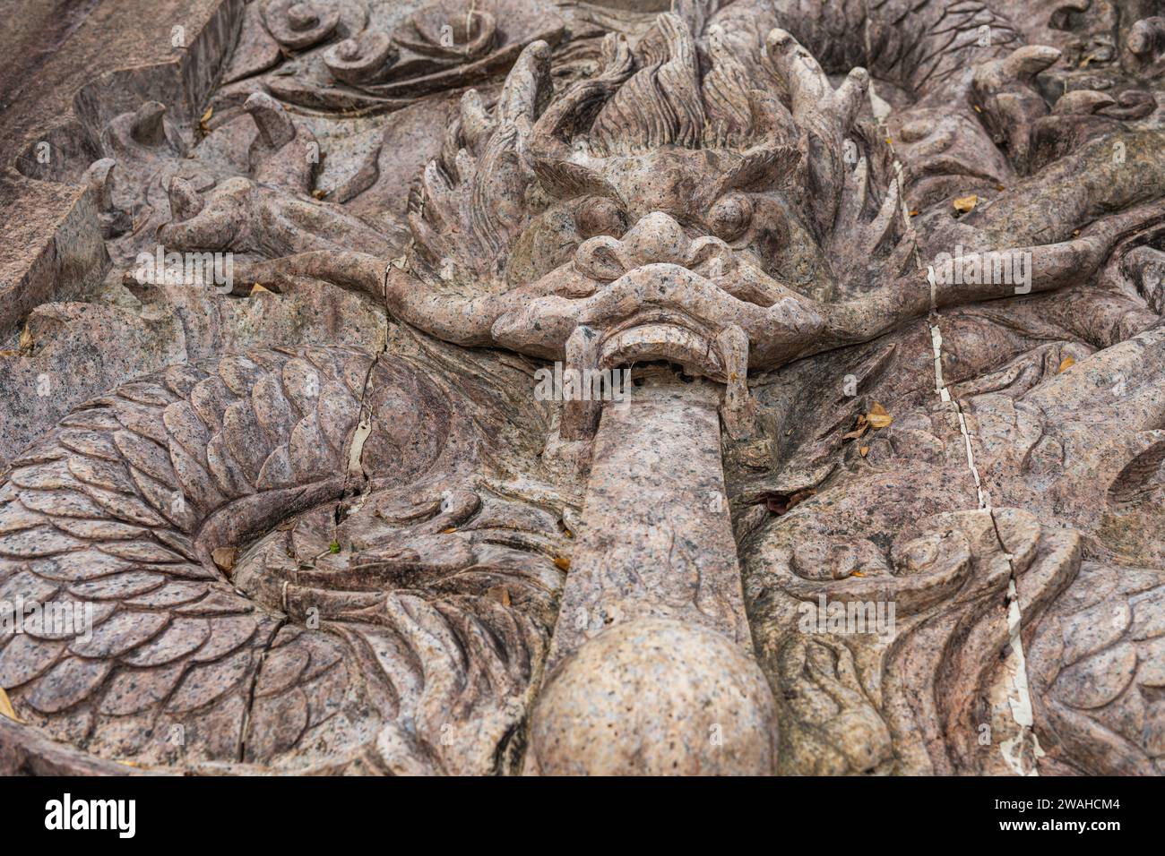 FEBRUARY 2, 2022, FUJIAN, CHINA: Close up on dragon bas-relief on the ...