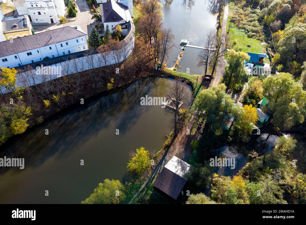 Aerial view of the ponds near the walls of the ancient monastery ...