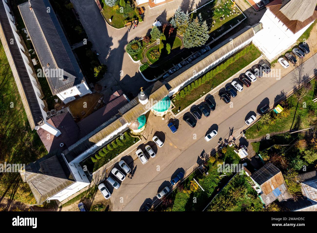 Aerial view of the parking lot at the Pafnutiy-Borovsky Orthodox ...