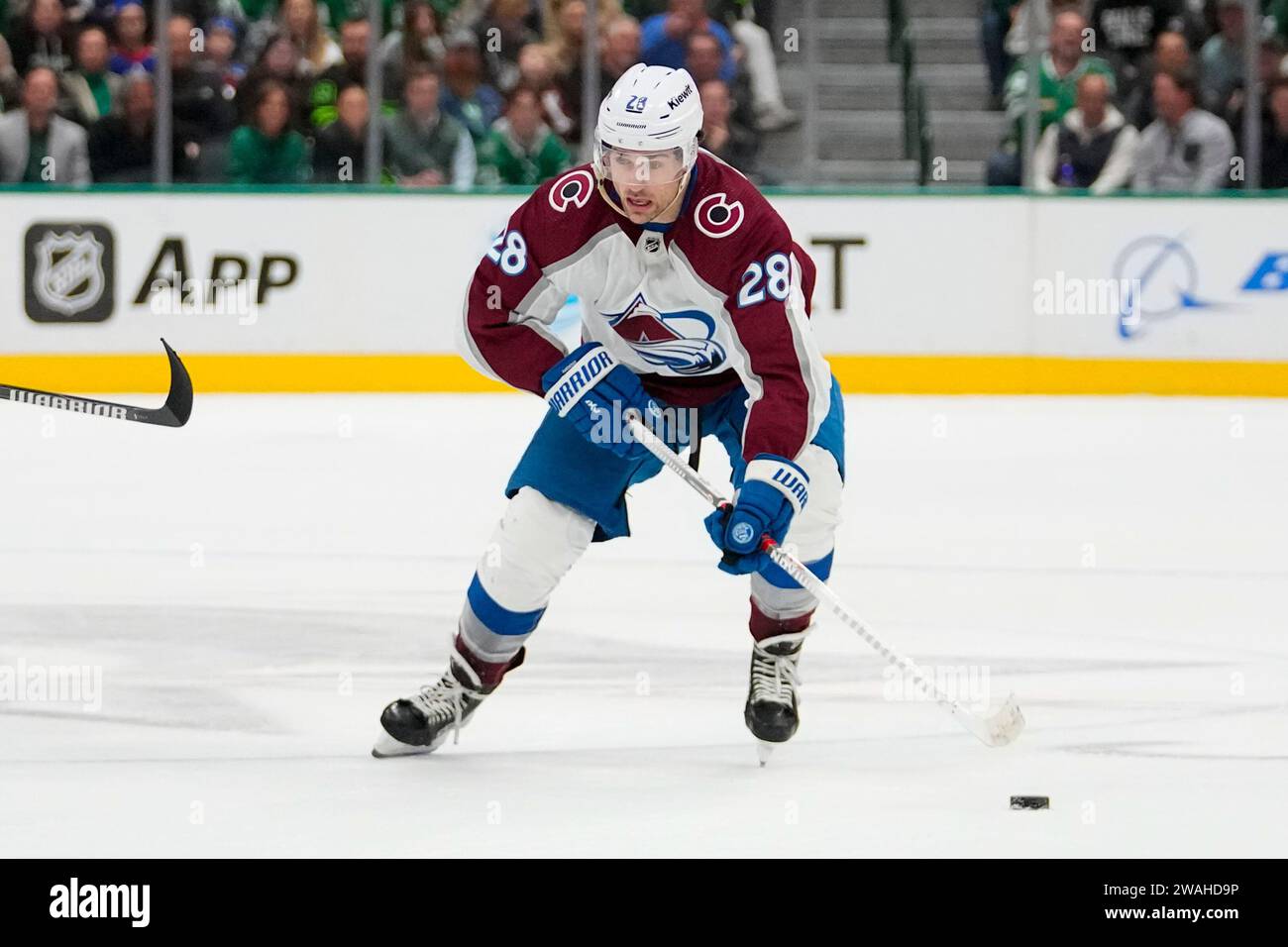 Colorado Avalanche left wing Miles Wood skates against the Dallas Stars ...