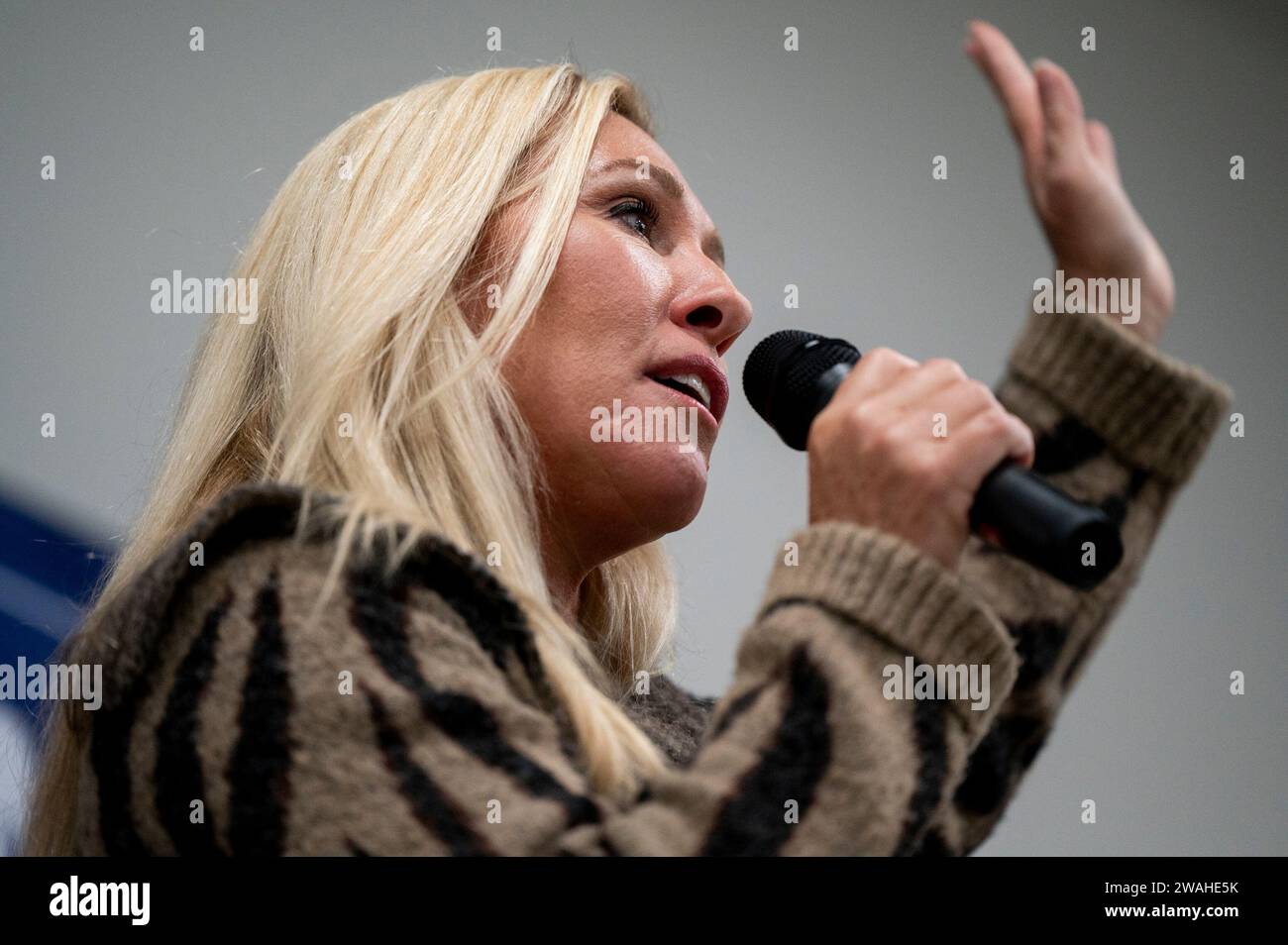 Keokuk, USA. 04th Jan, 2024. Rep. Marjorie Taylor Greene, R-Ga., speaks ...