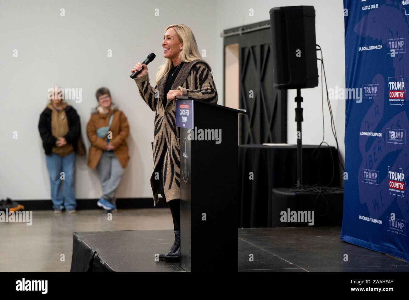 Keokuk, USA. 04th Jan, 2024. Rep. Marjorie Taylor Greene, R-Ga., speaks ...