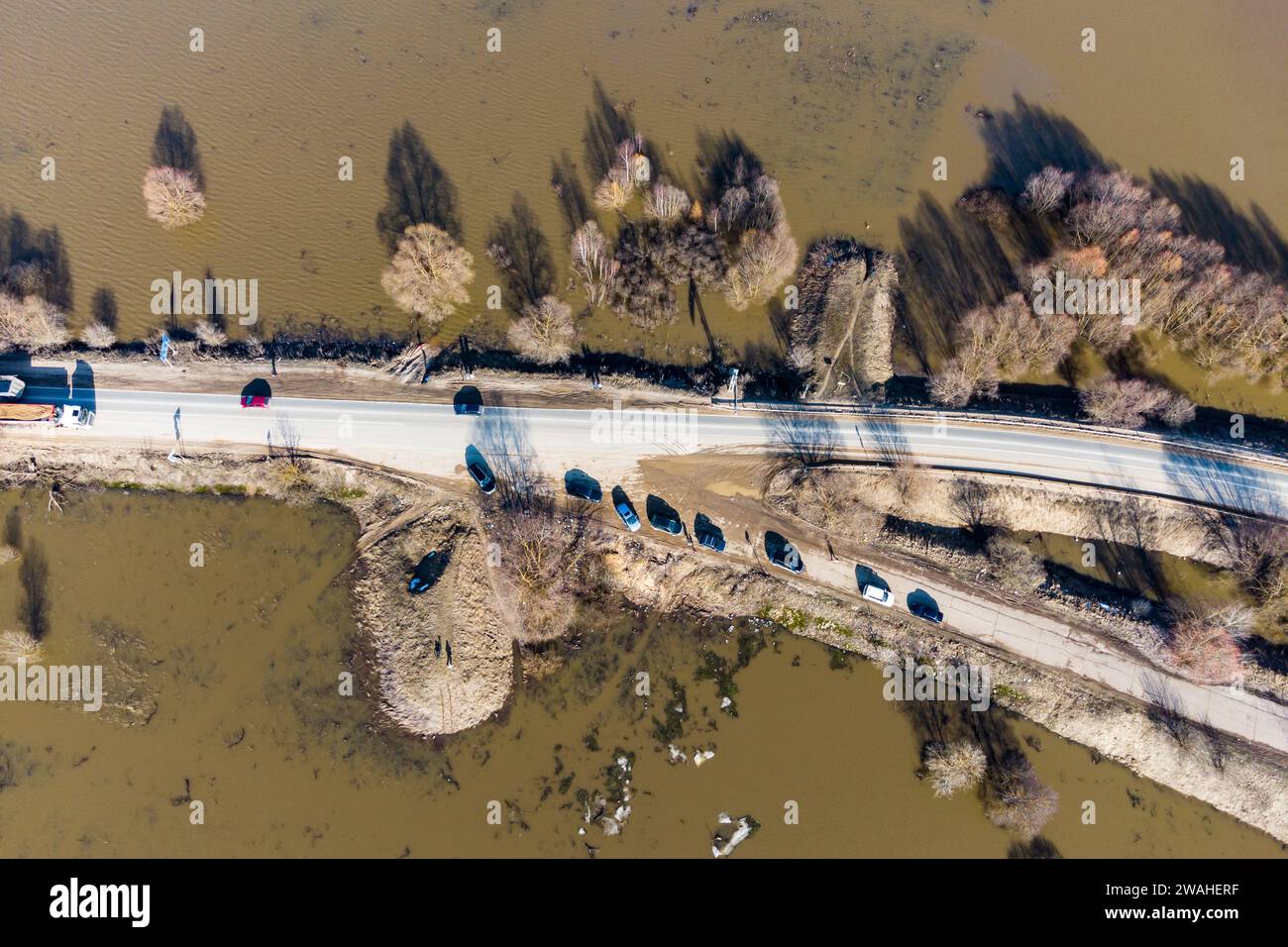 Drone view of the road running through the area flooded during the ...