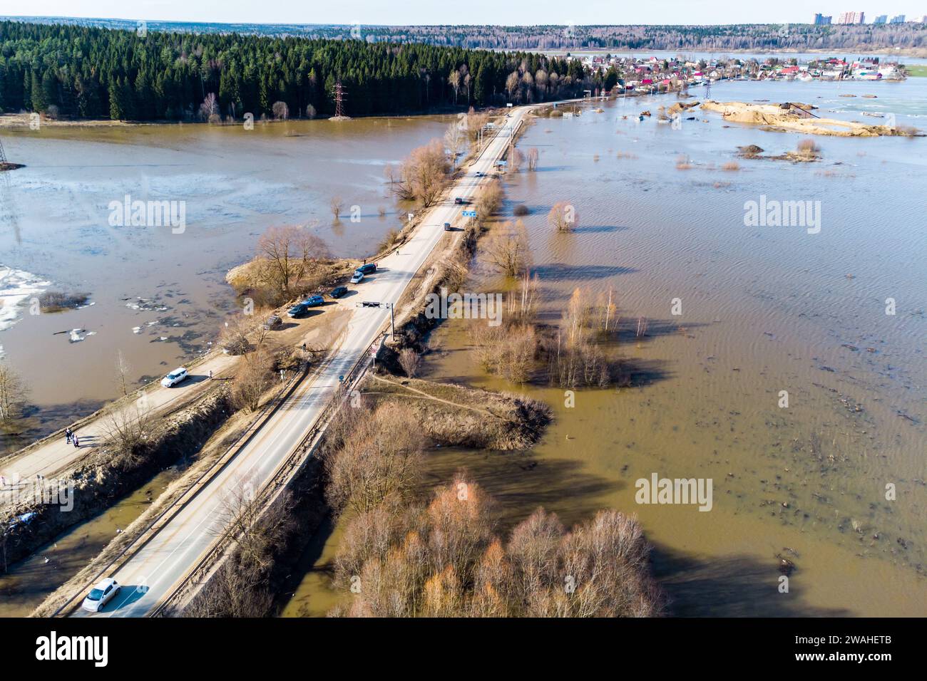 Drone view of the road running through the area flooded during the ...