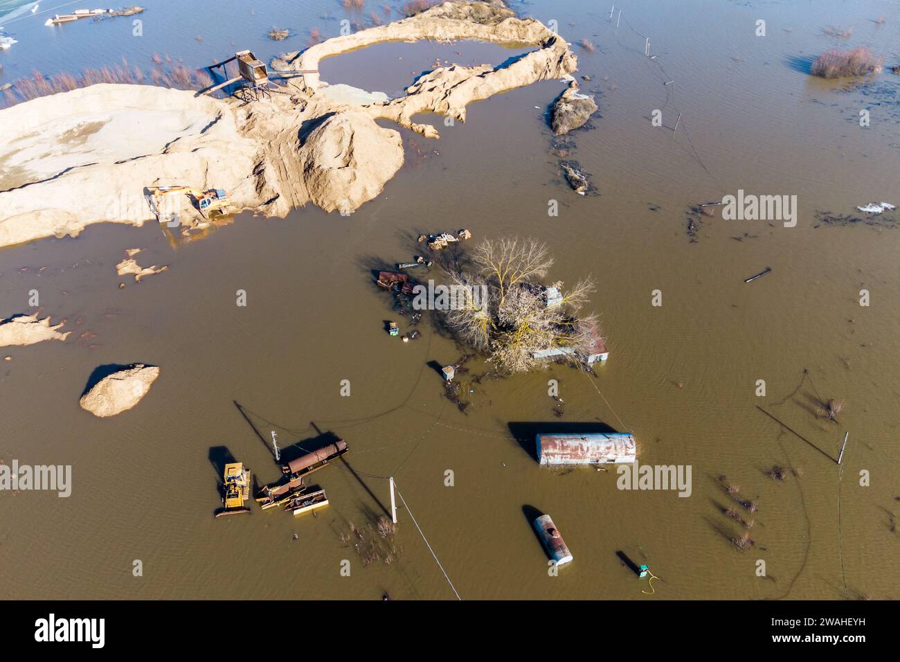 View from a quadcopter of the flooded area of a sand quarry located in ...