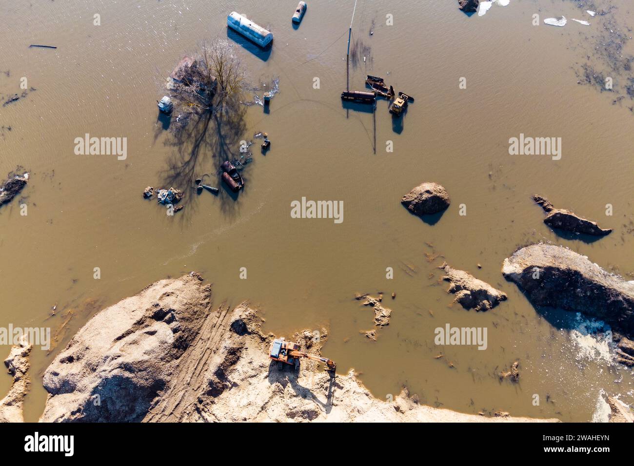 View from a quadcopter of the flooded area of a sand quarry located in ...
