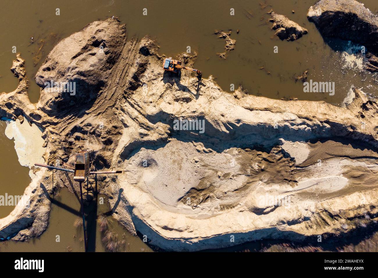 View from a quadcopter of the flooded area of a sand quarry located in ...