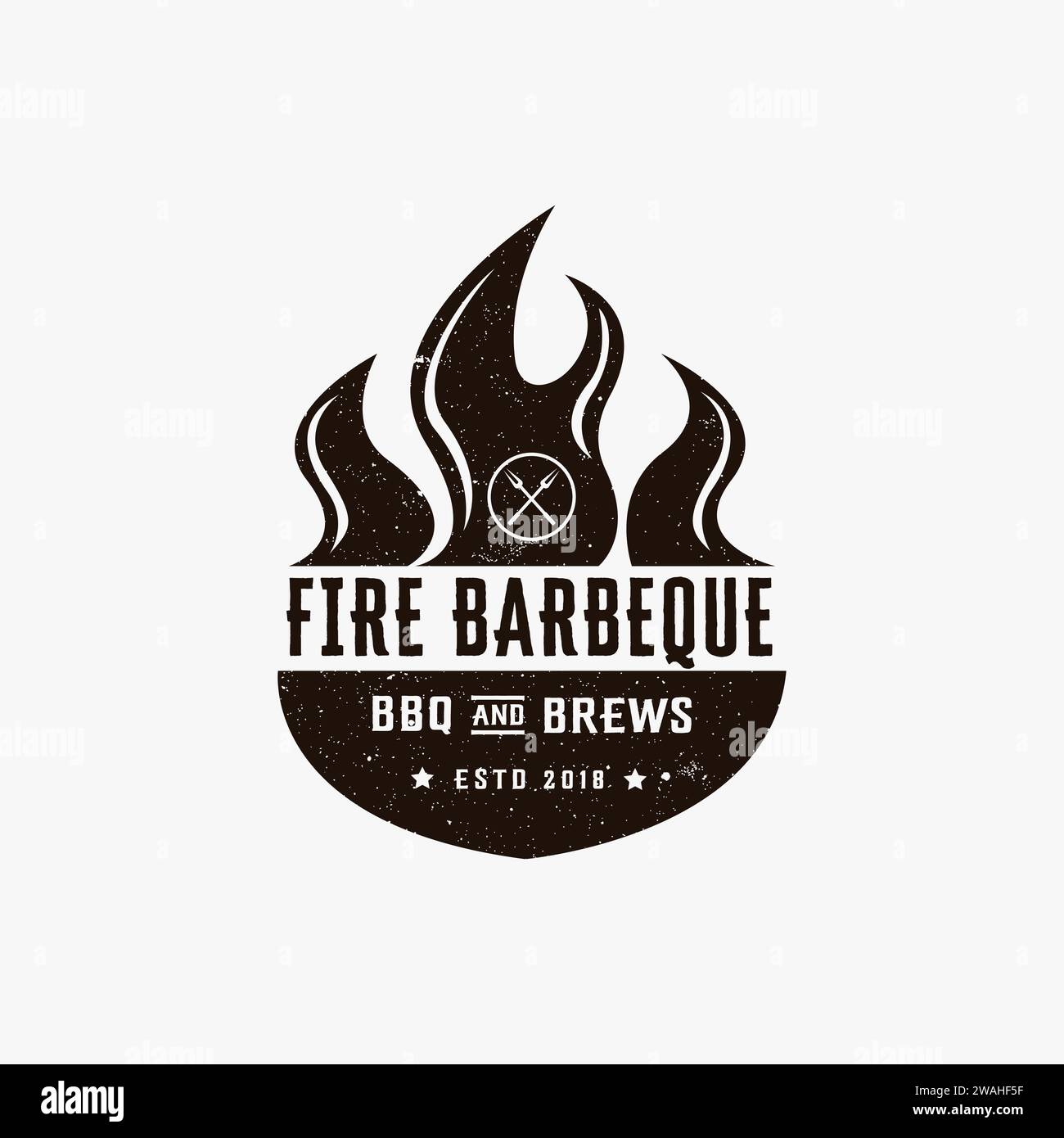 Vintage Grill Barbeque logo icon, bbq with crossed fork and fire flame ...