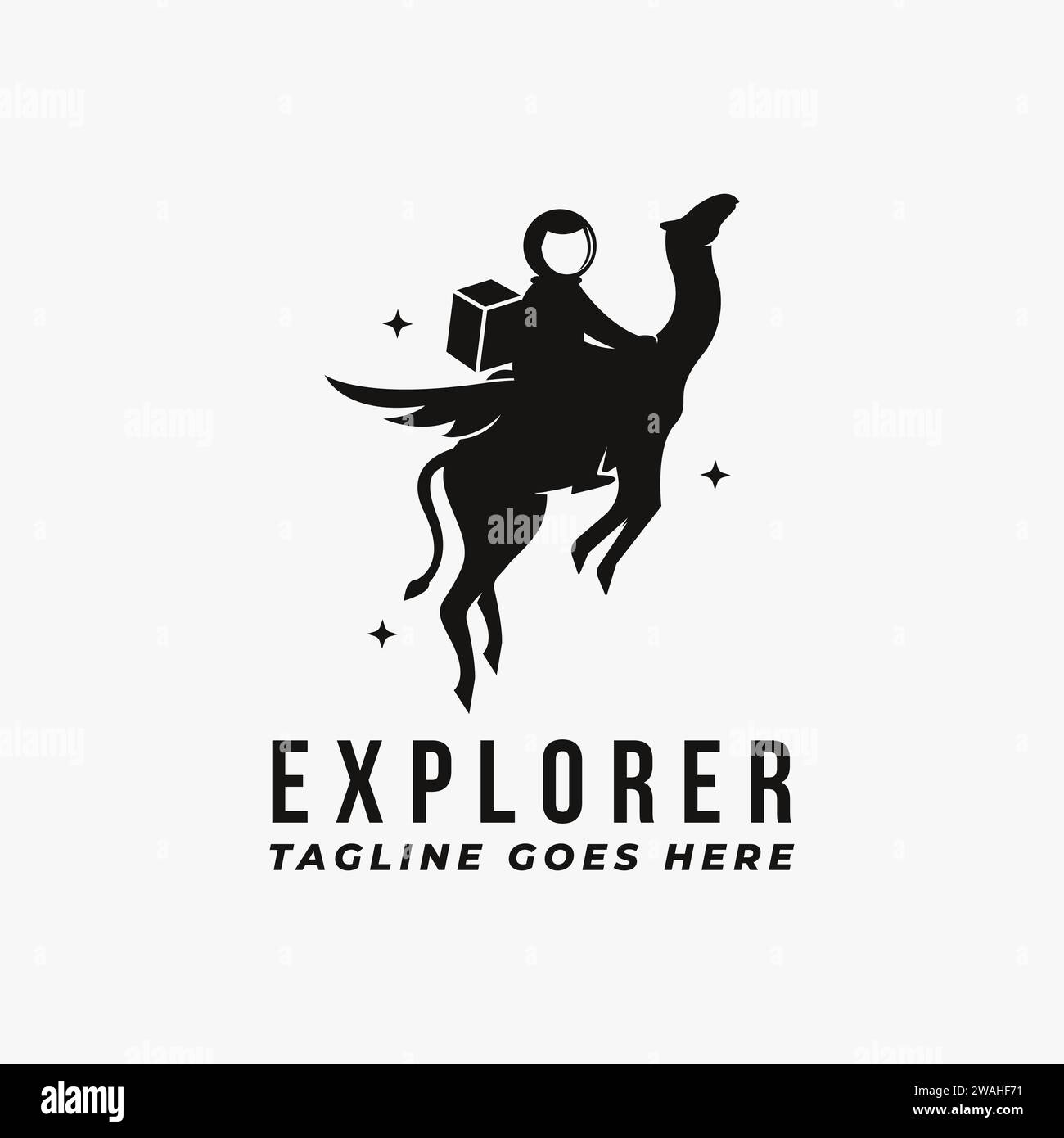Fun space explorer logo vector, astronaut ride flying camel, astronomy ...