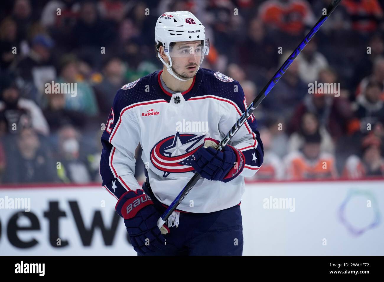 Columbus Blue Jackets' Alexandre Texier plays during an NHL hockey game ...