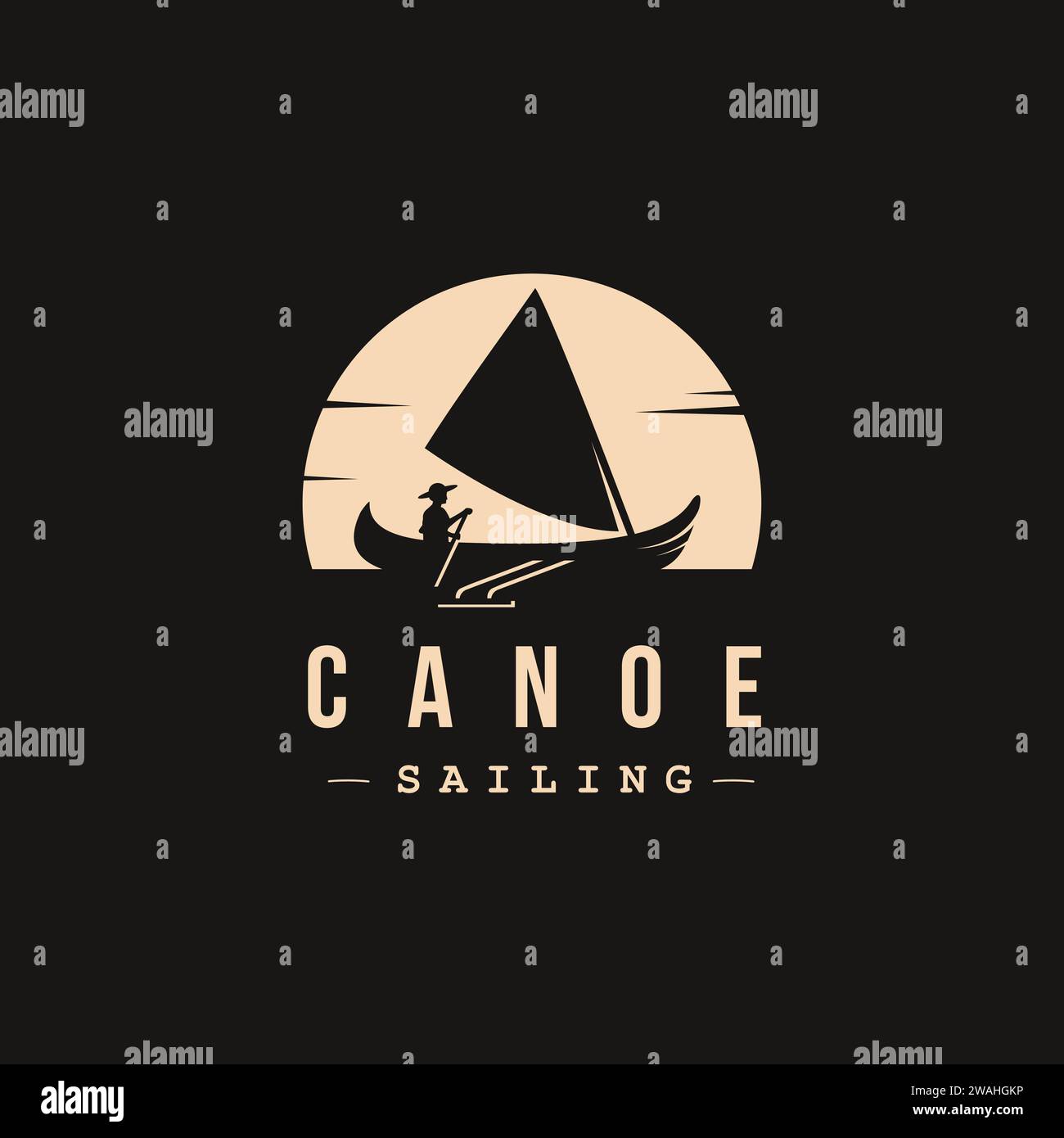 Vintage label logo of canoe sailing at the super moon night icon vector ...