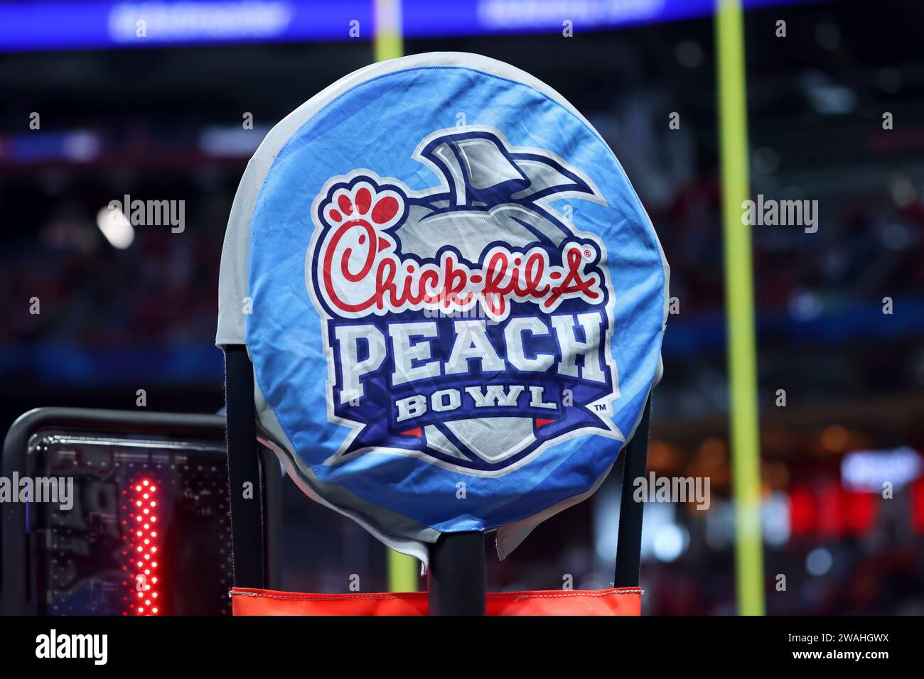 ATLANTA, GA - DECEMBER 30: A general view of Peach Bowl signage on the ...