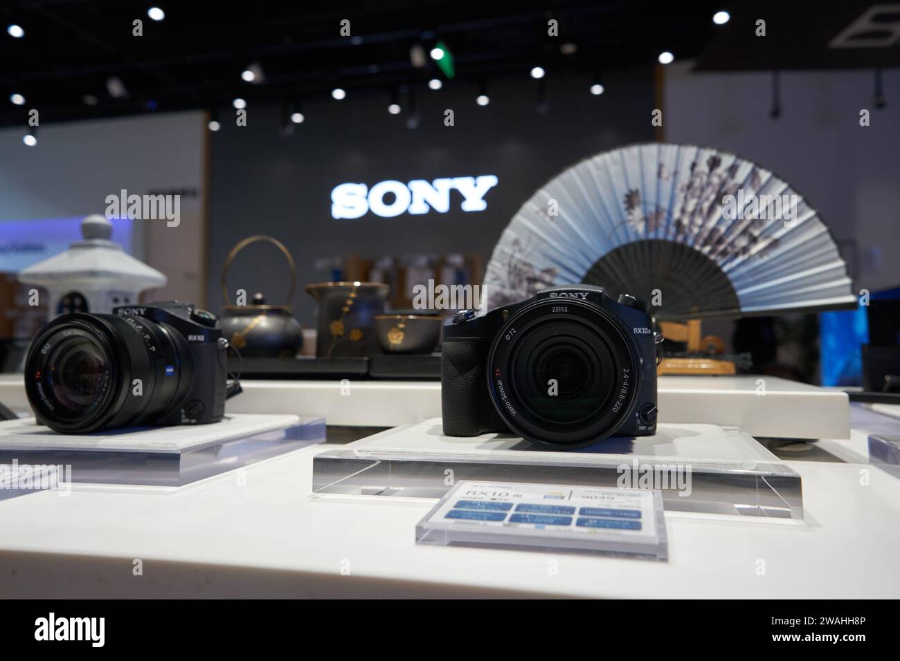 SHENZHEN, CHINA - NOVEMBER 22, 2019: cameras on display at Sony store ...