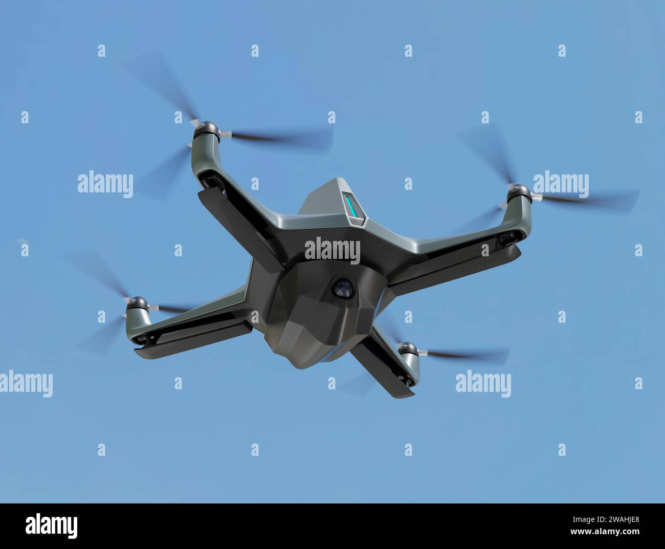 Military Drone euipped with surveillance camera flying in the sky.3D ...