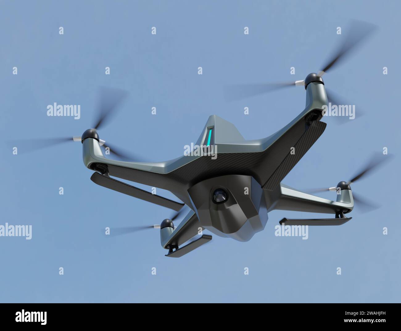 Military Drone euipped with surveillance camera flying in the sky.3D ...