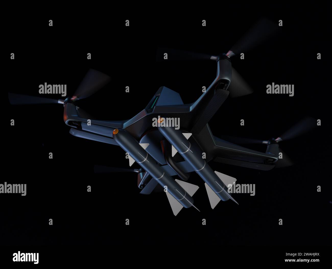 Military Combat Drone equipped with missiles flying in the night sky ...