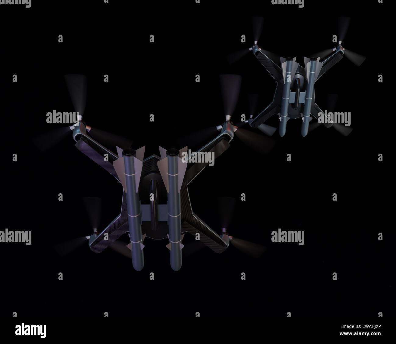 Military Combat Drones equipped with missiles flying in the night sky ...