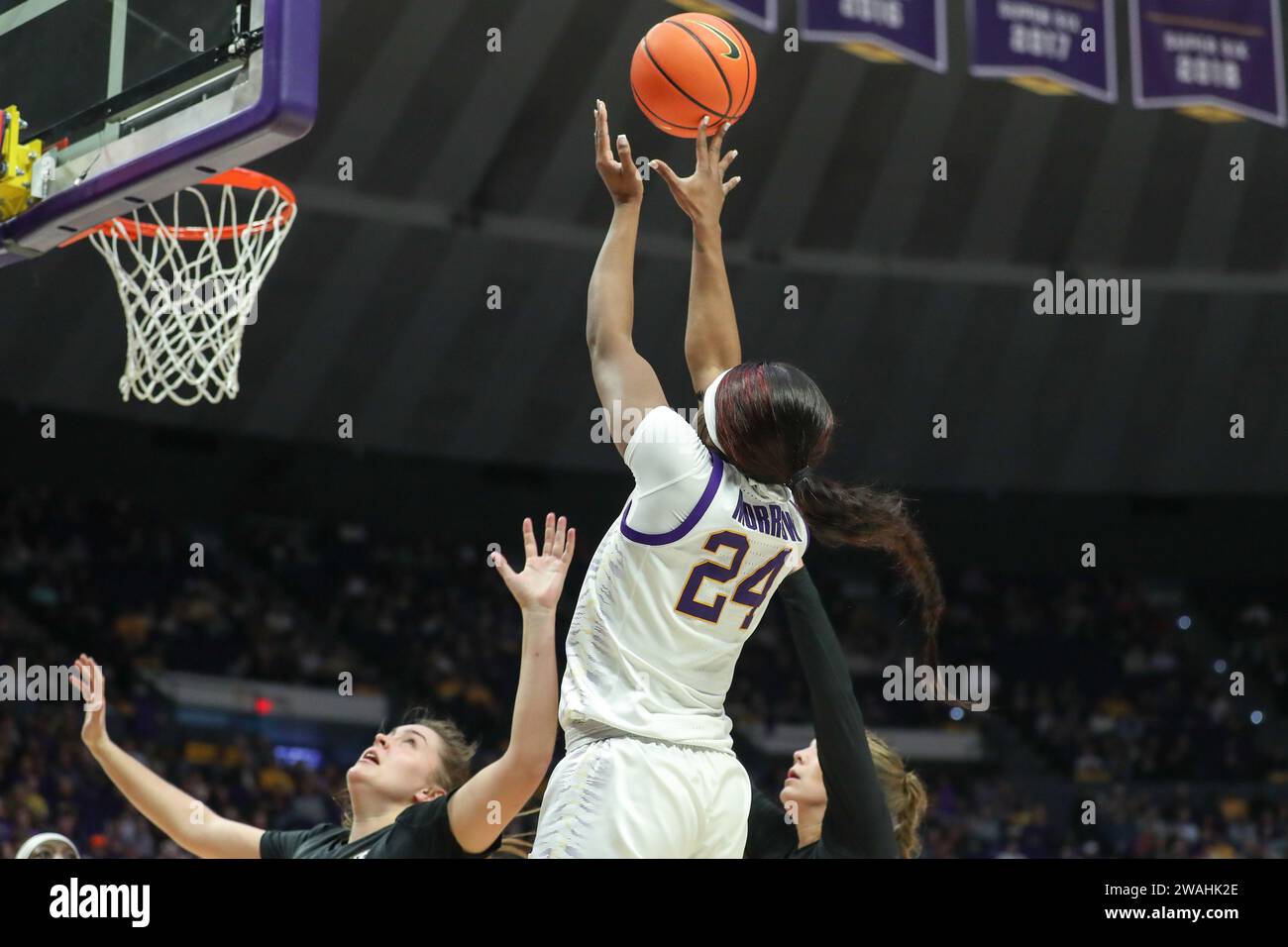 Baton Rouge, LA, USA. 04th Jan, 2024. LSU's Aneesah Morrow (24) puts up ...