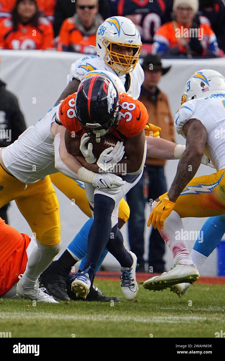 Denver Broncos running back Jaleel McLaughlin (38) runs against the Los ...