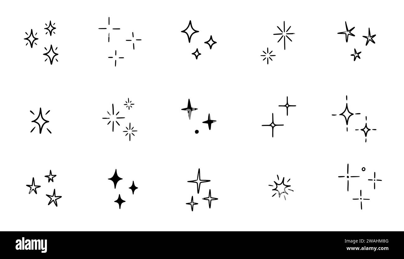 Hand drawn star sparkle shine of doodle set. Star shine twinkle glow ...
