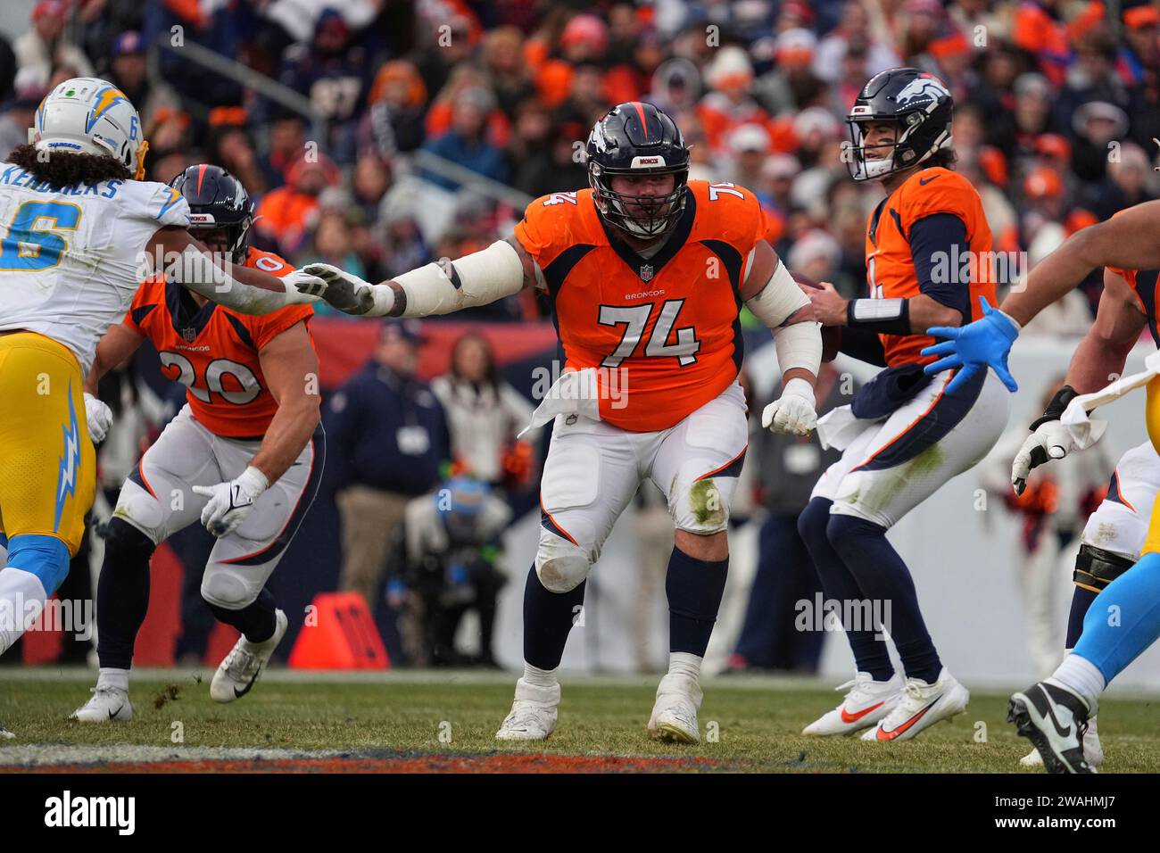 Denver Broncos guard Ben Powers (74) against the Los Angeles Chargers ...