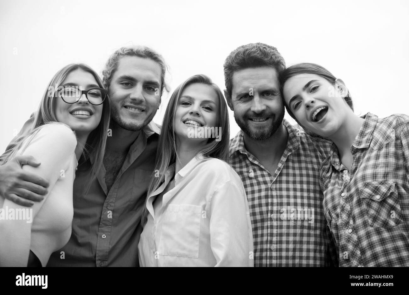 Portrait happy group diverse friends Black and White Stock Photos ...