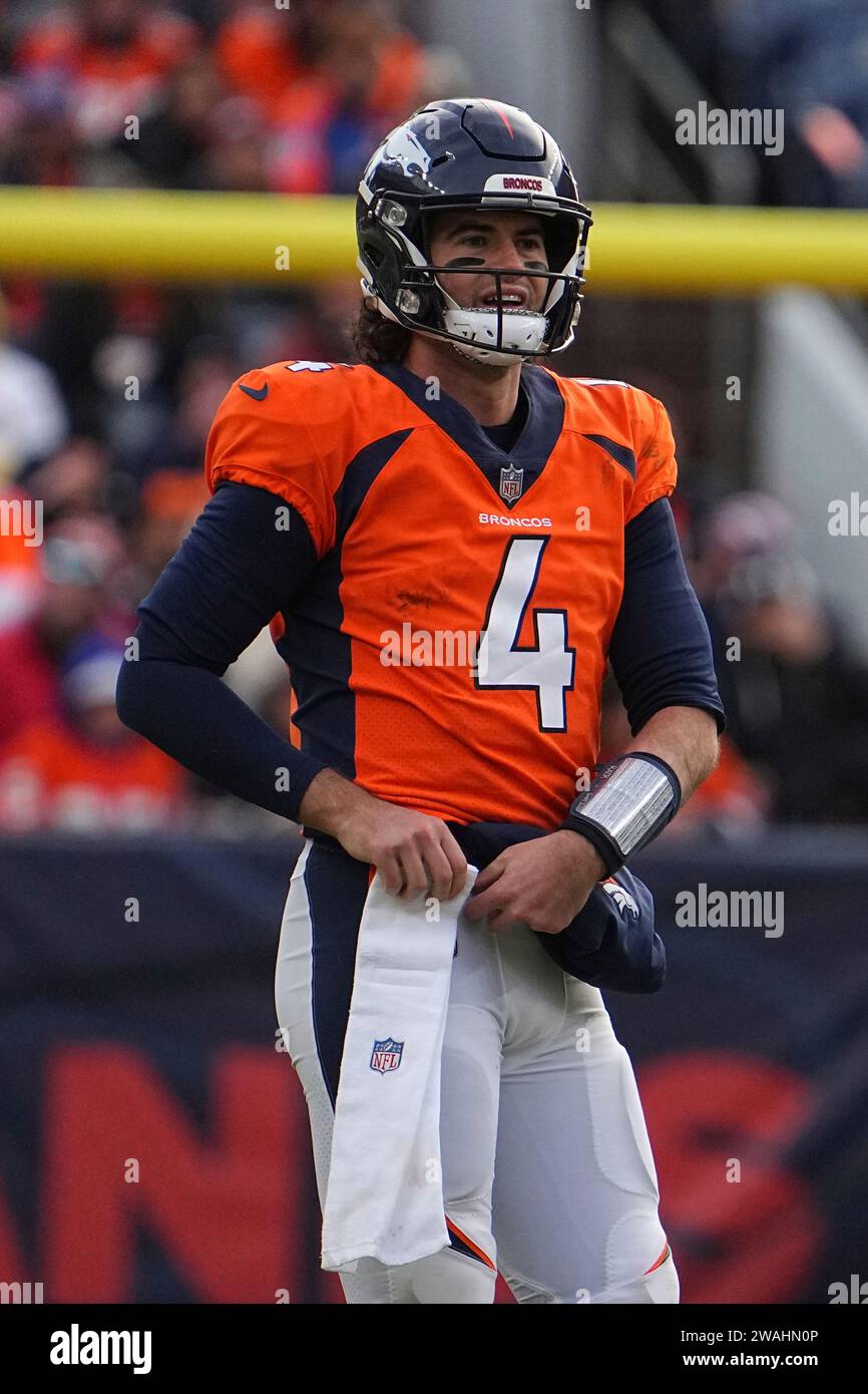 Denver Broncos quarterback Jarrett Stidham (4) against the Los Angeles ...