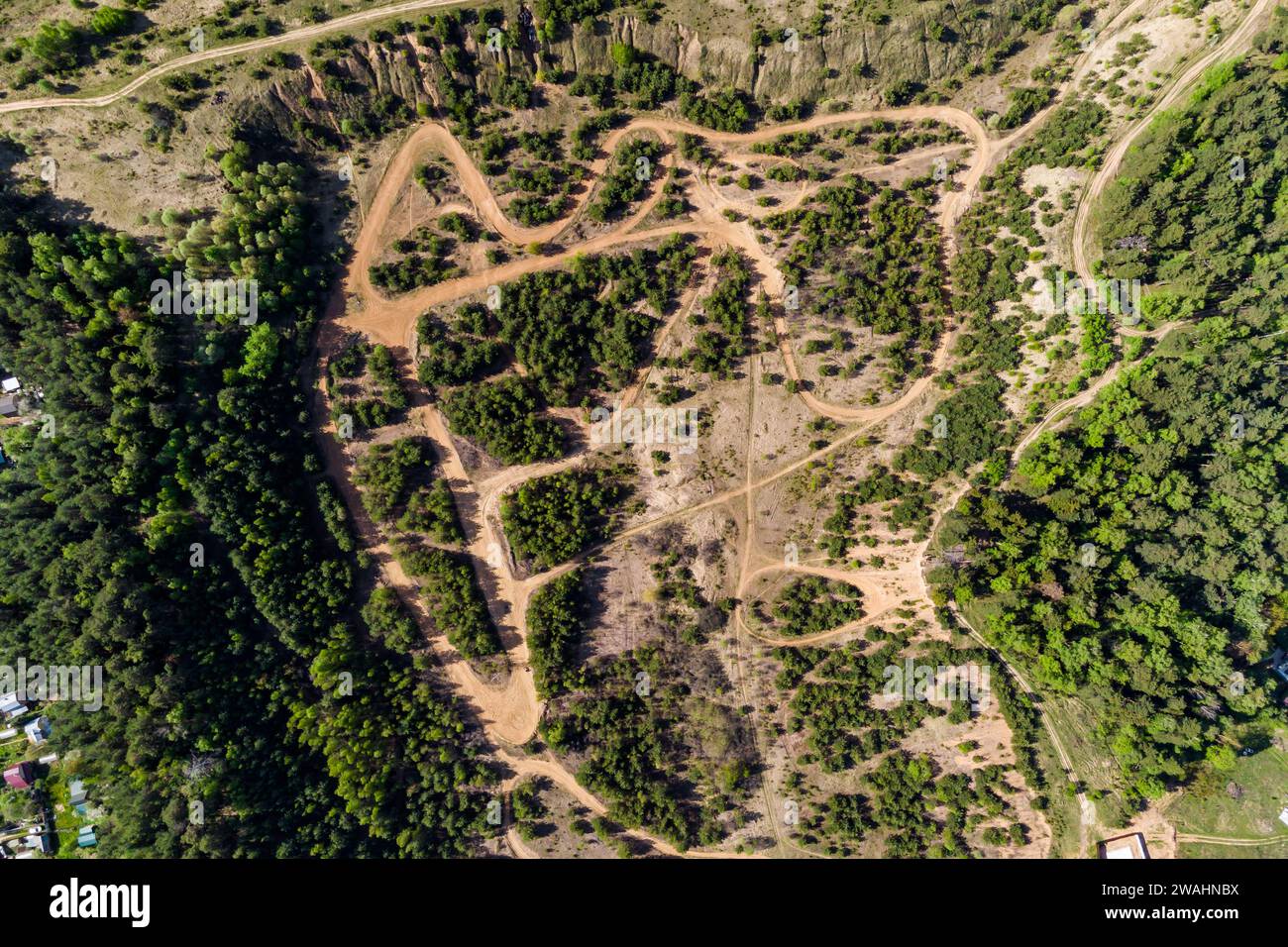 View from a great height of an old sand quarry converted into a ...