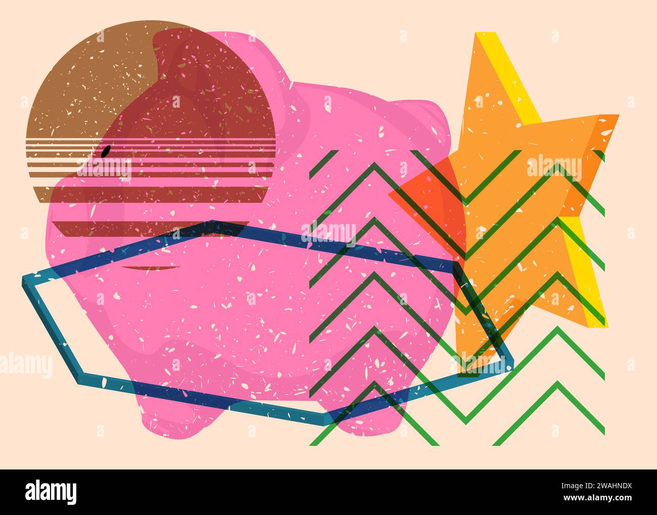 Risograph Piglet with geometric shapes. Objects in trendy riso graph ...