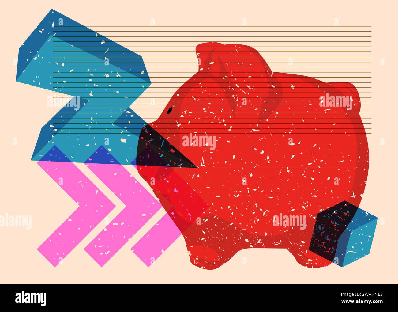 Risograph Piglet with geometric shapes. Objects in trendy riso graph ...