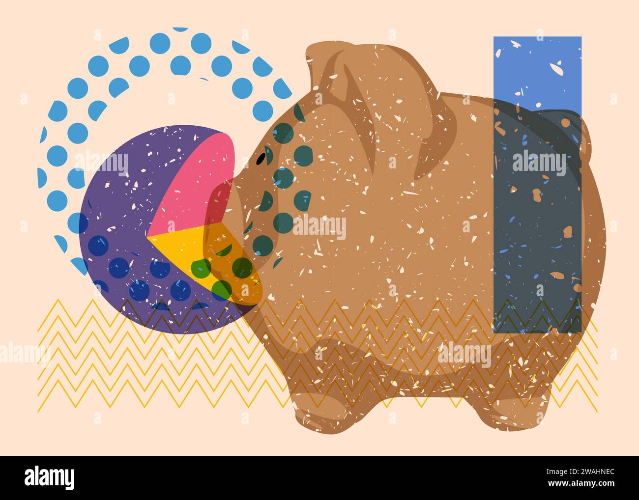 Risograph Piglet with geometric shapes. Objects in trendy riso graph ...