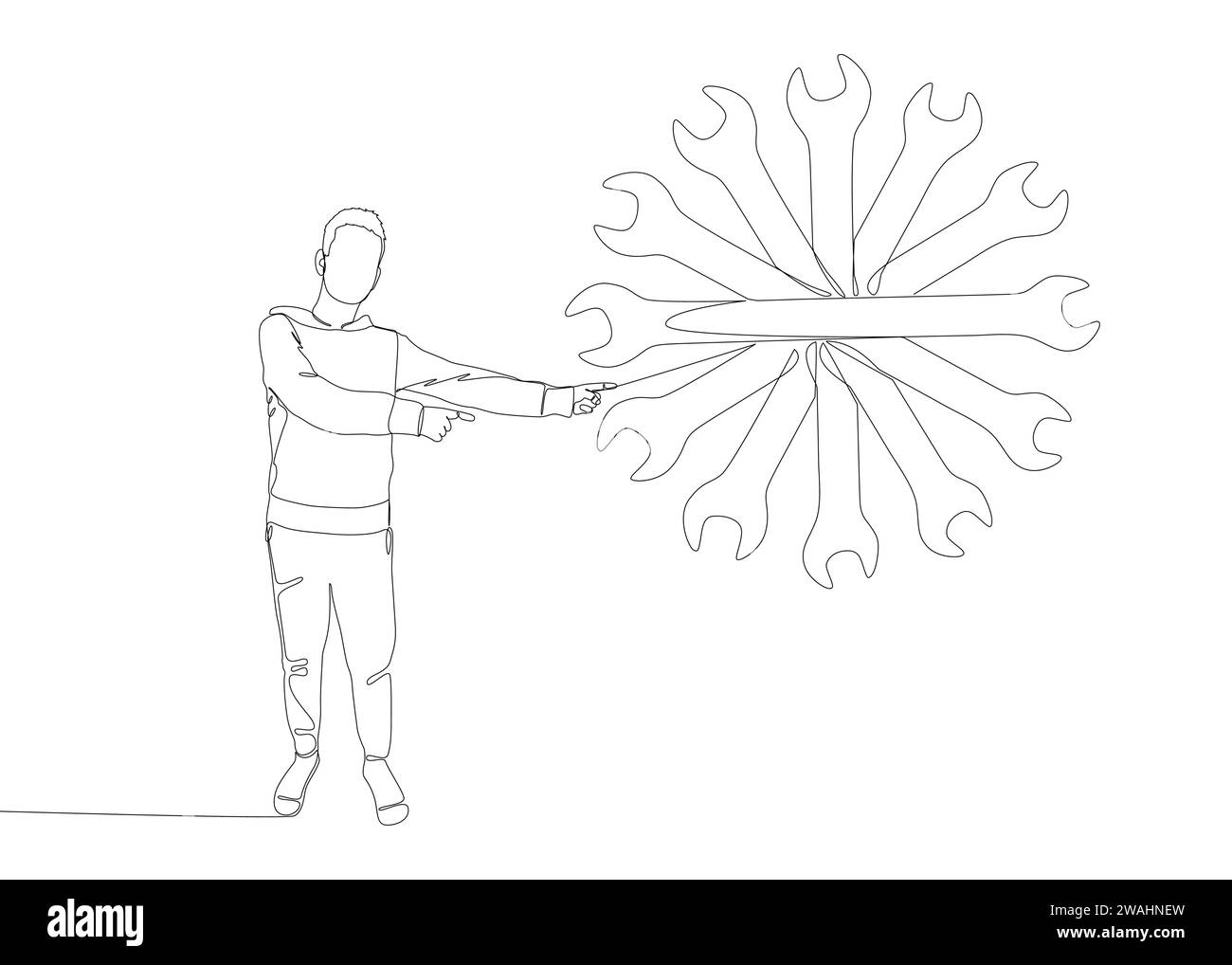 One Continuous Line Of Man Pointing With Finger At Wrench Thin Line Illustration Vector Concept