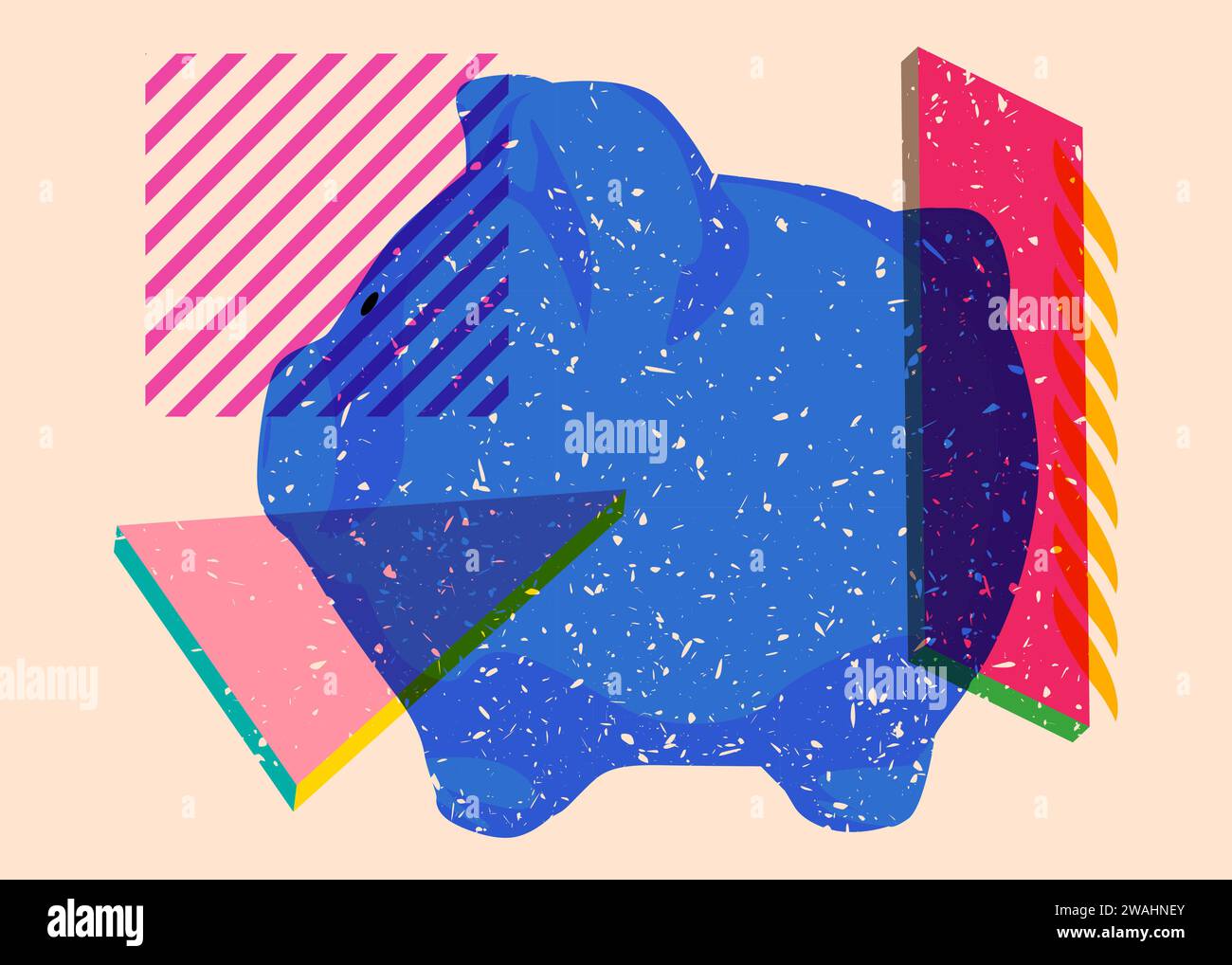 Risograph Piglet with geometric shapes. Objects in trendy riso graph print texture style design ...