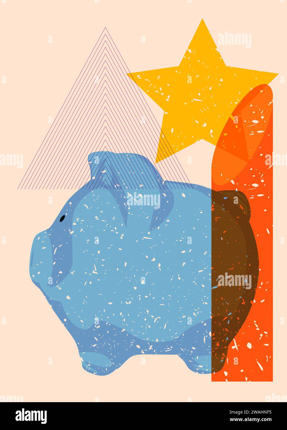 Risograph Piglet with geometric shapes. Objects in trendy riso graph ...