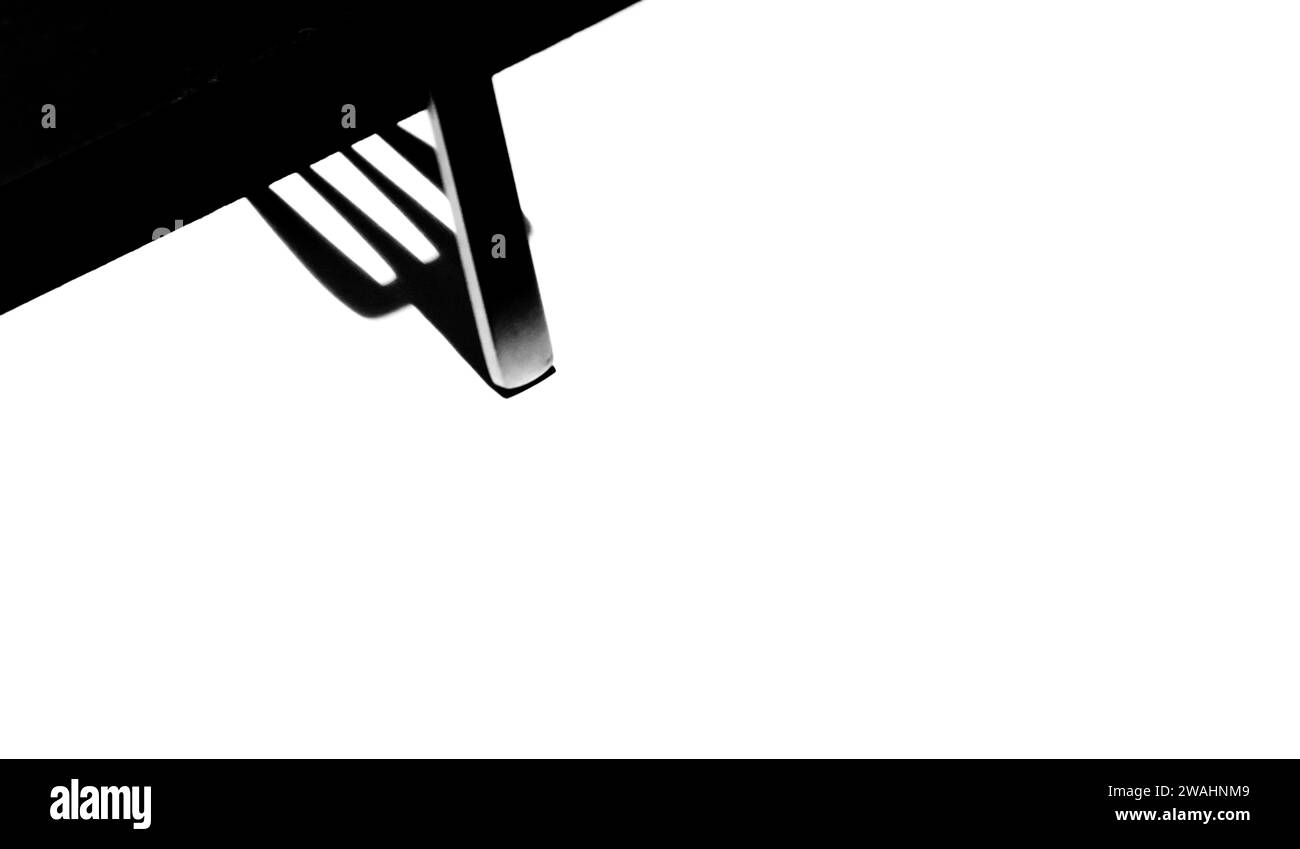 Abstract black and white of vertical dinner fork with shadow of four ...