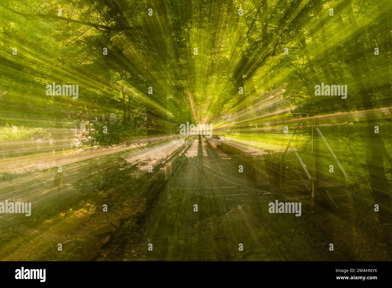 Lens zoom of rope footbridge in mountain park intentionally blurred for ...