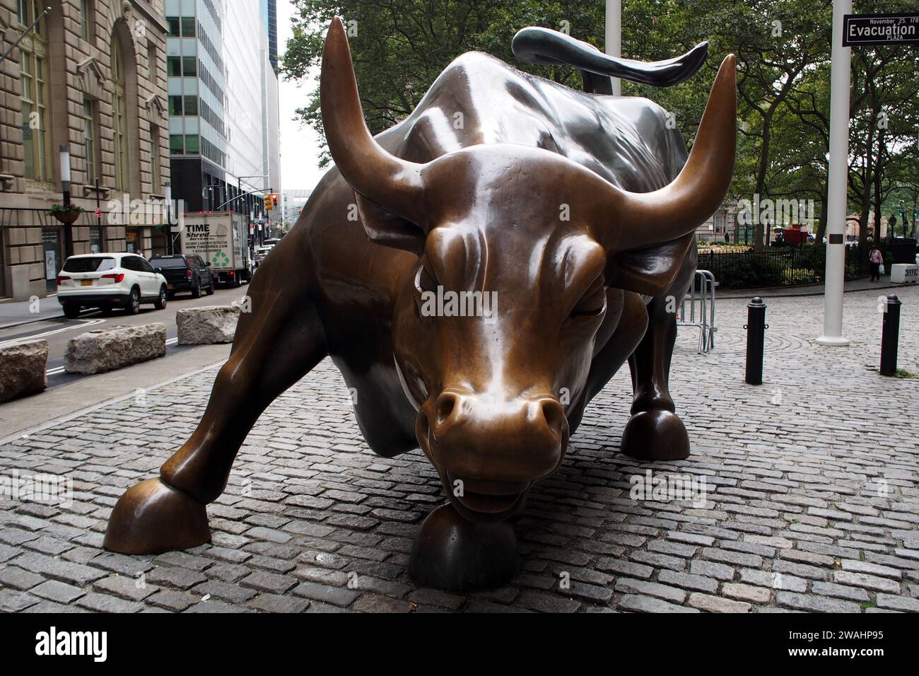 Charging Bull, aka the Wall Street Bull, bronze sculpture by Arturo Di Modica, on Broadway at ...