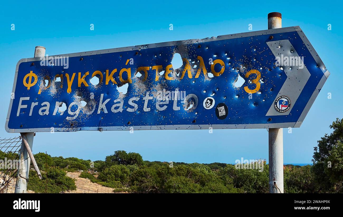 Road sign, bullet holes, shot up road sign, Frangokastello, Venetian ...