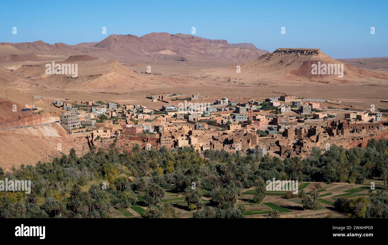Oasis with traditional mud houses and date palms, on the edge of the ...