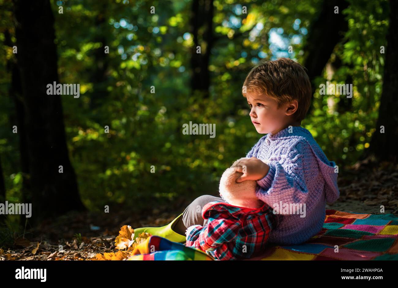 Hello Autumn bye Summer. Cute boy with Autumn Leaves on Fall Nature ...