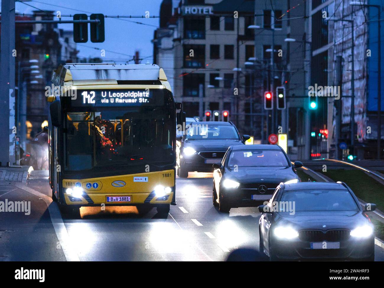 A Solaris Urbino E bus of the BVG line 142 drives along ...