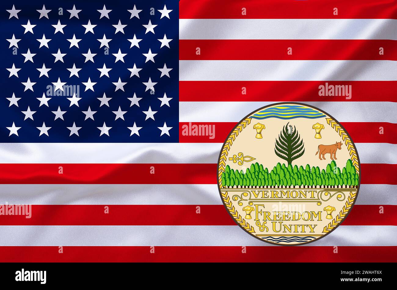 The flag of the USA with the coat of arms of Vermont, Studio Stock ...